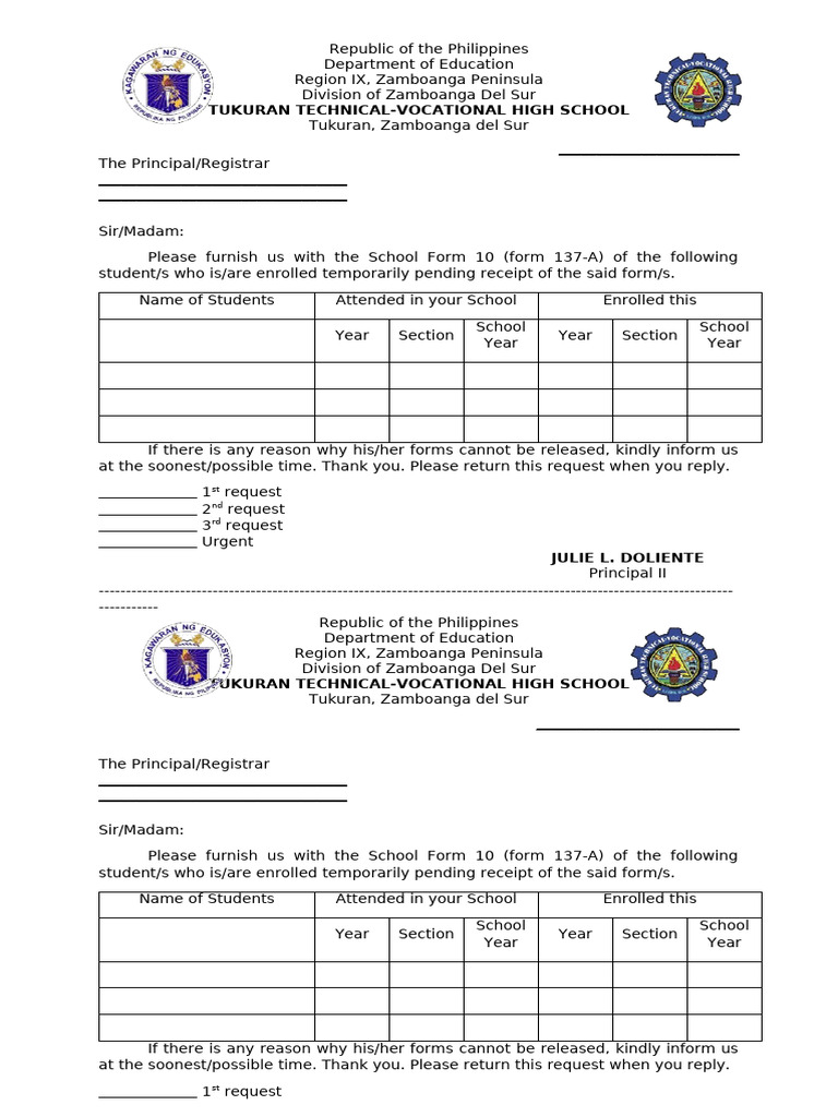 SF10 Request Form 1 | PDF