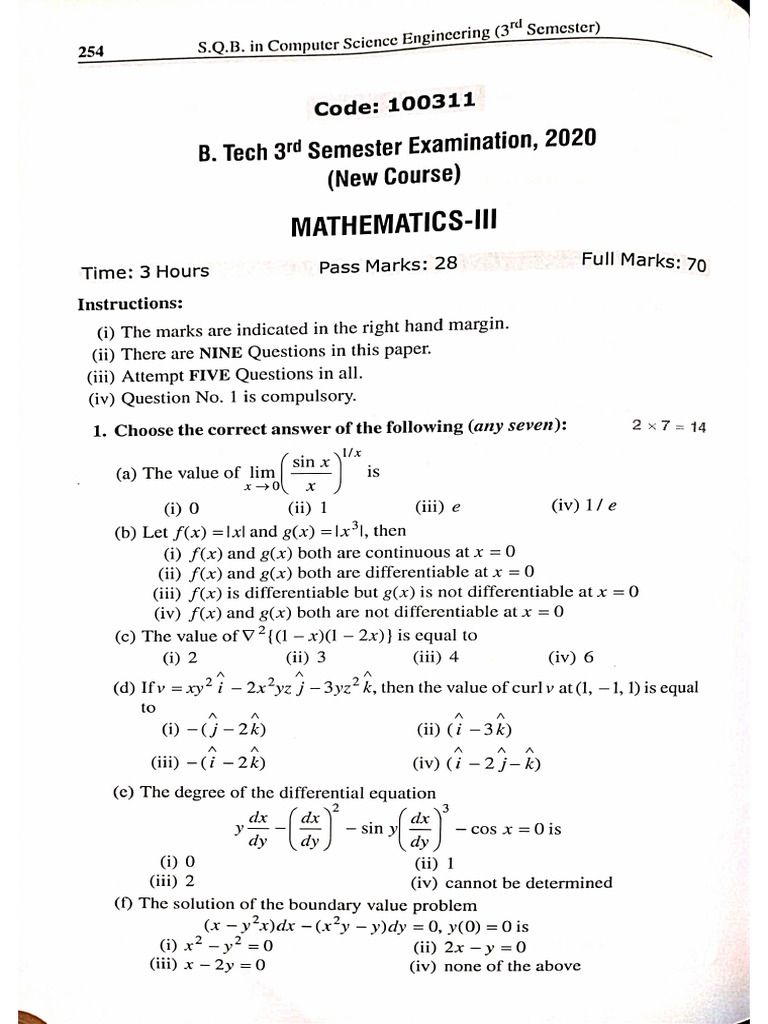 Mathematics 3rd Sem Pyq 2020 | PDF