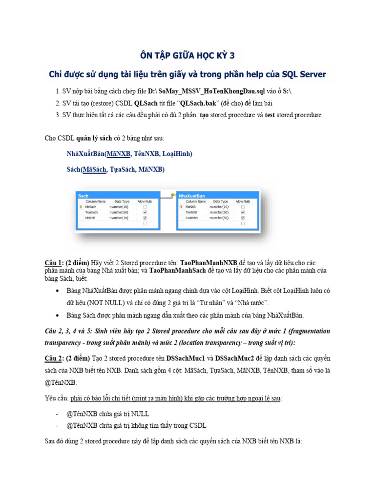 Ôn Tập Giữa Học Kỳ 3 Chỉ được sử dụng tài liệu trên giấy và trong phần help của SQL Server | PDF