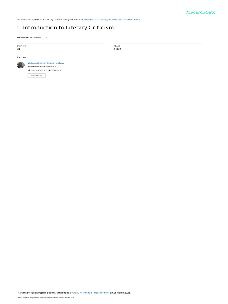 Introduction To Literary Criticism: March 2022 | PDF | Literary ...