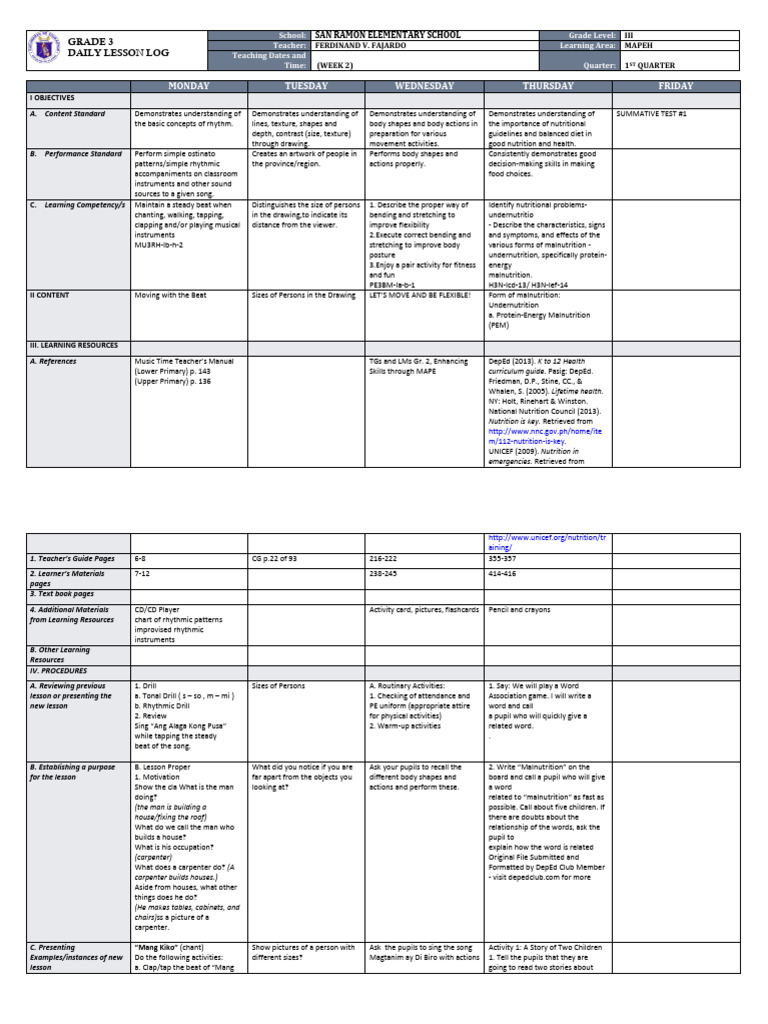 DLL - Mapeh 3 - Q1 - W2 | PDF