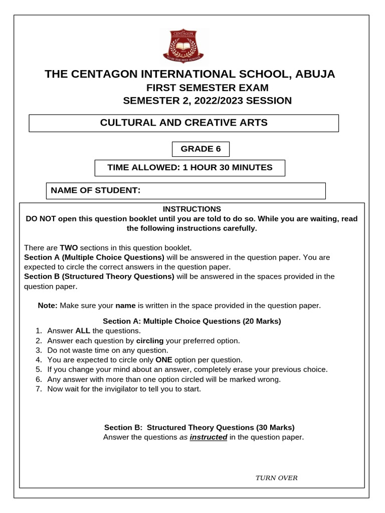 Grade 6 Creative Arts Exam Paper | PDF | Multiple Choice | Igbo People