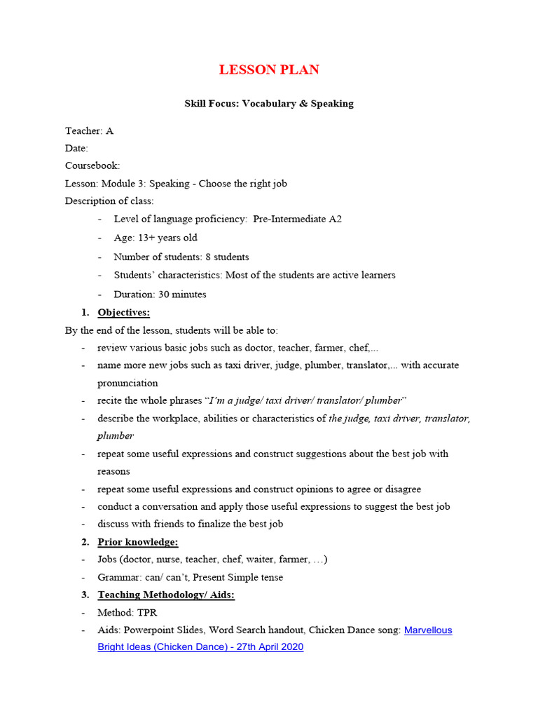 Final Exam - Lesson Plan Vocabulary Speaking | PDF