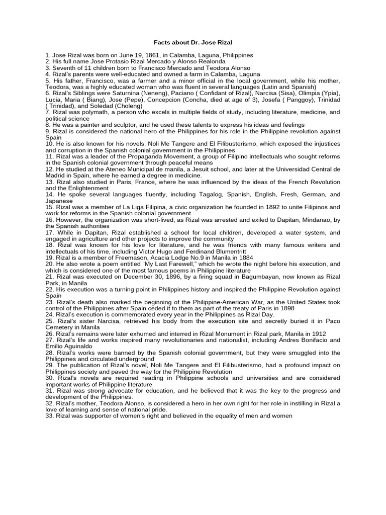 Facts About DR - Jose Rizal | PDF