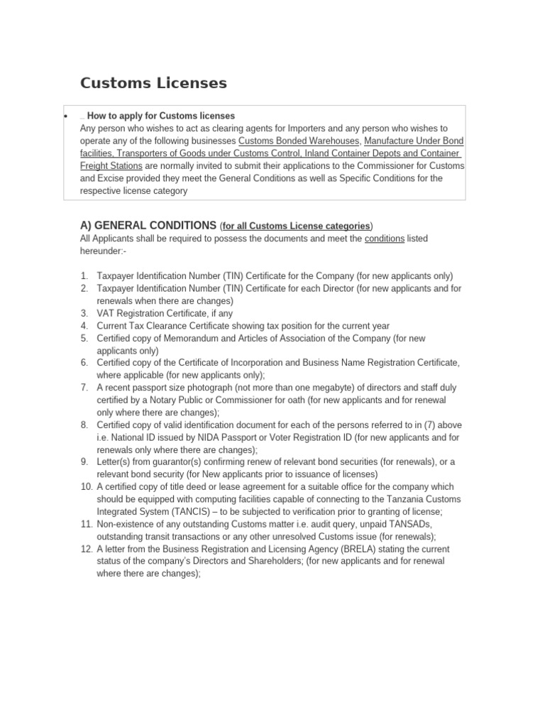 Conditions for Customs Licenses | PDF