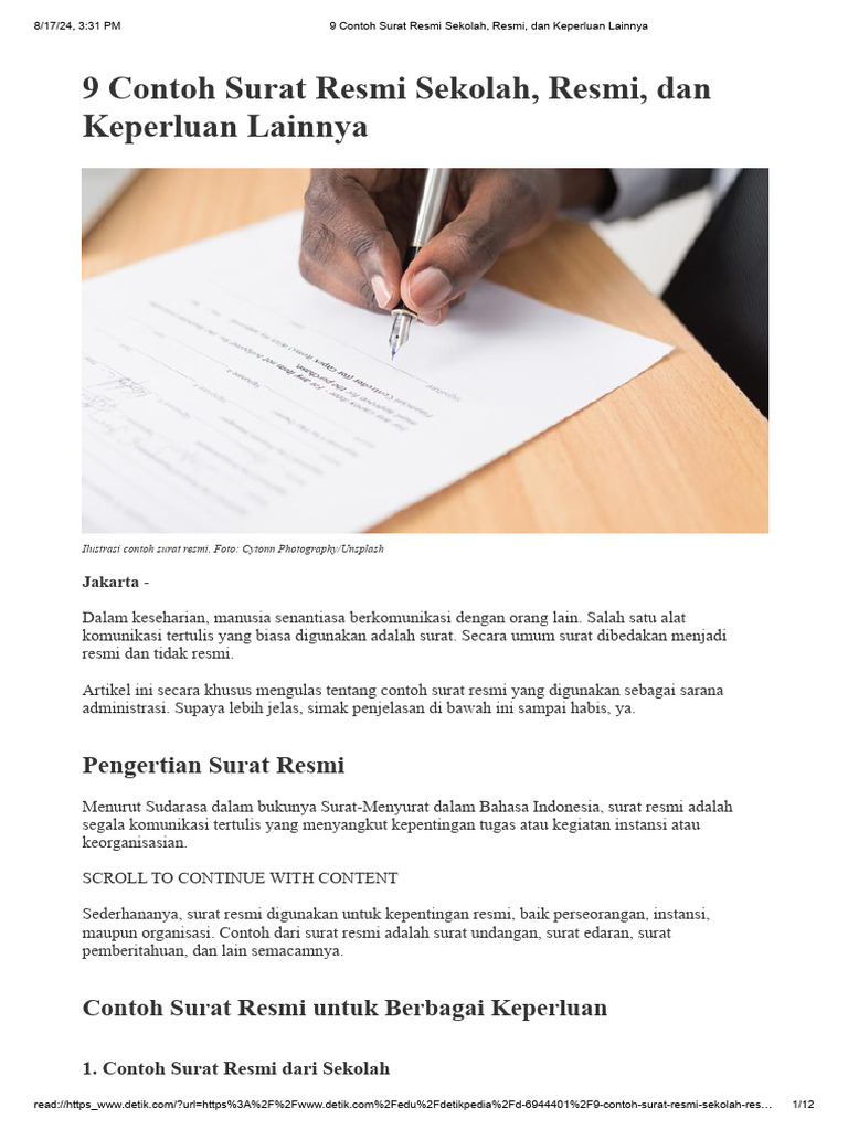9 Contoh Surat Resmi Sekolah, Resmi, Dan Keperluan Lainnya | PDF