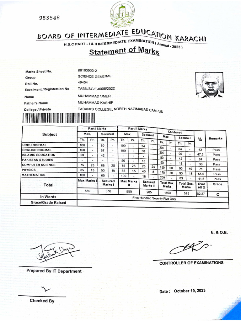 Inter Marksheet - JPG | PDF