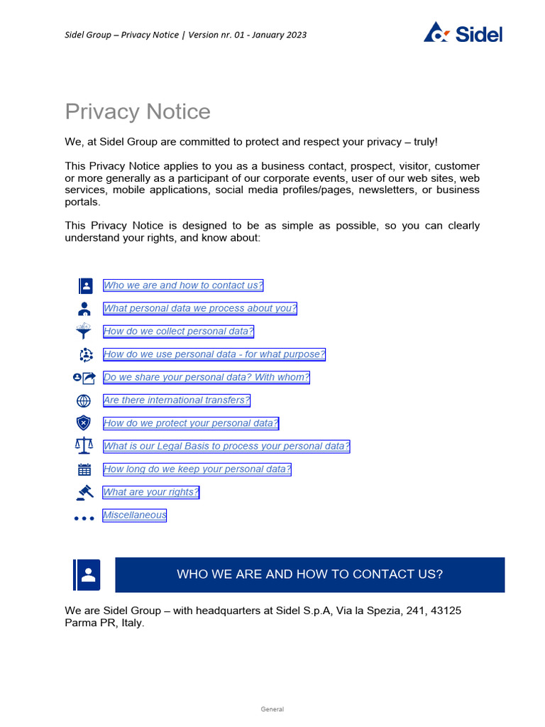 Sidel Privacy Notice Ver01 012023 en | PDF