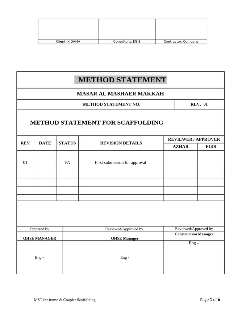 METHOD STATEMENT FOR SCAFFOLDING - Project - RO1 | PDF | Scaffolding ...