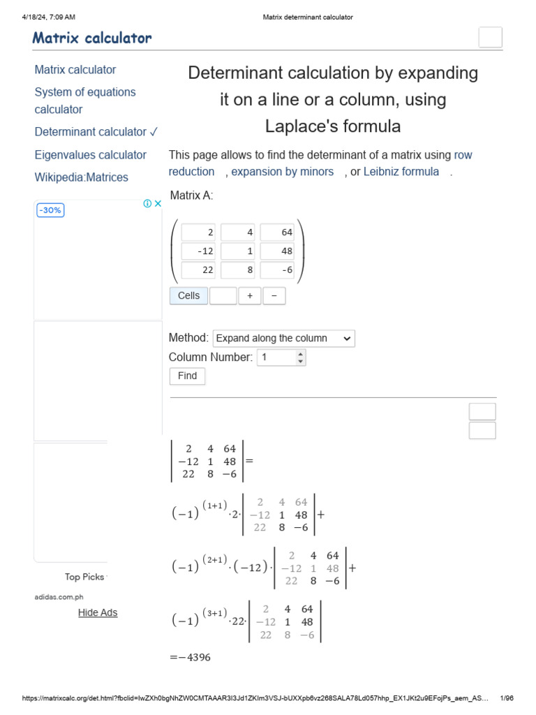 Matrix Determinant Calculator | PDF