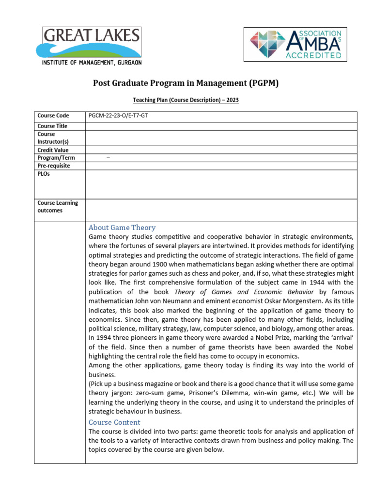 Post Graduate Program in Management (PGPM) : About Game Theory | PDF | Game Theory | Computers