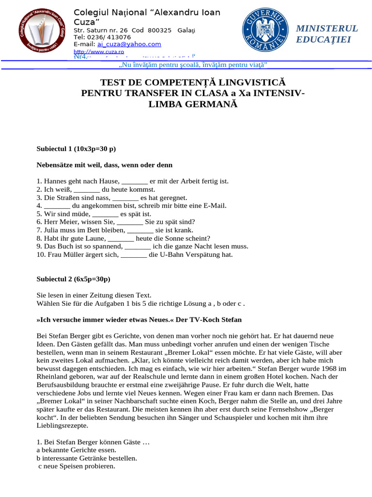 Test de Competente Lingvistice Limba Germana Varianta 1 A2 | PDF