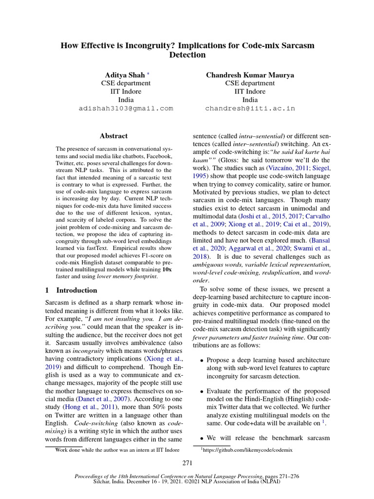 How Effective Is Incongruity Implications For Code-Mixed Sarcasm ...