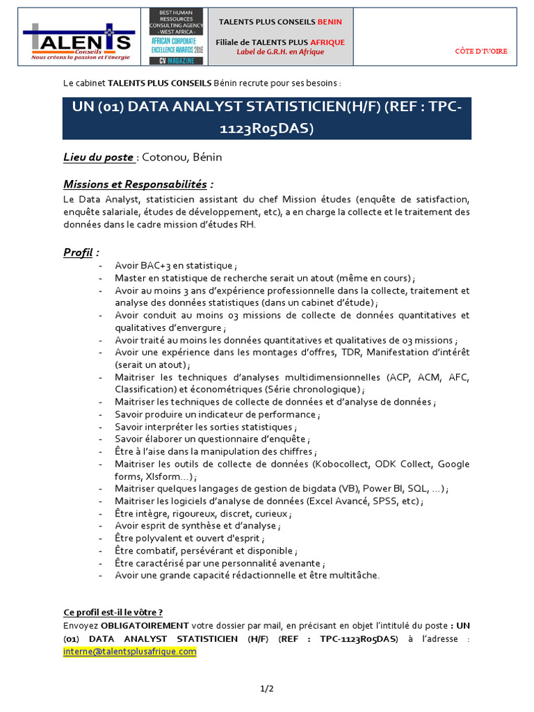 Recrutement Data Analyst Statisticien | PDF