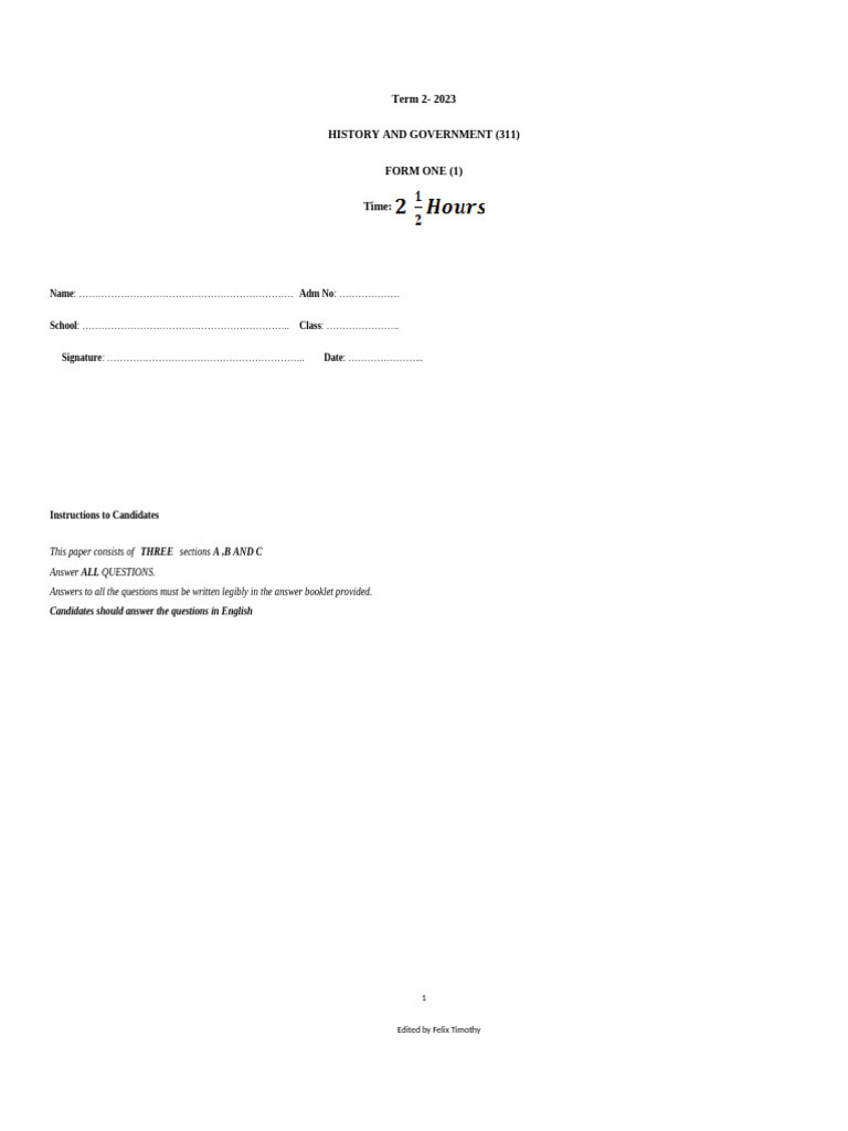 2023 History F1 QS T2 Exam Teacher - Co - .Ke | PDF