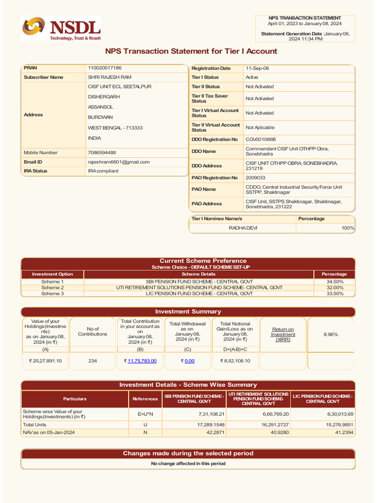 NPS Transaction Statement For Tier I Account: Current Scheme Preference ...