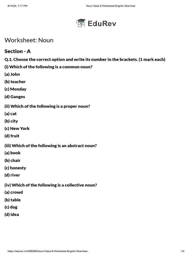 Noun Class 6 Worksheet English Grammar | PDF
