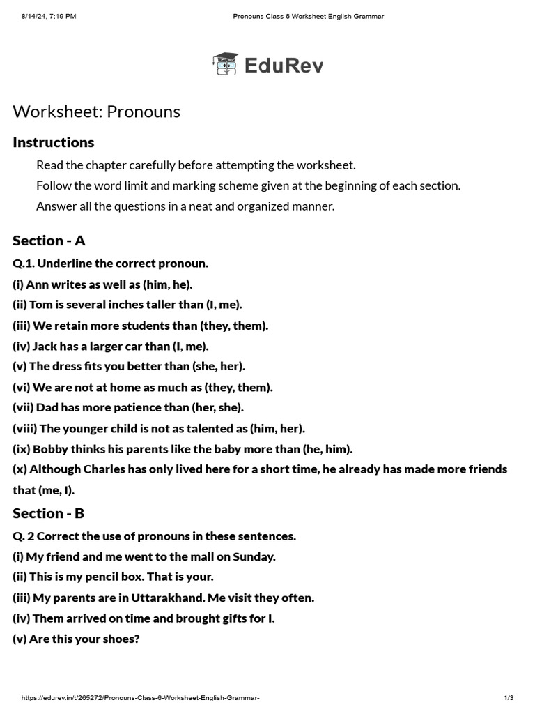 Pronouns Class 6 Worksheet English Grammar | PDF