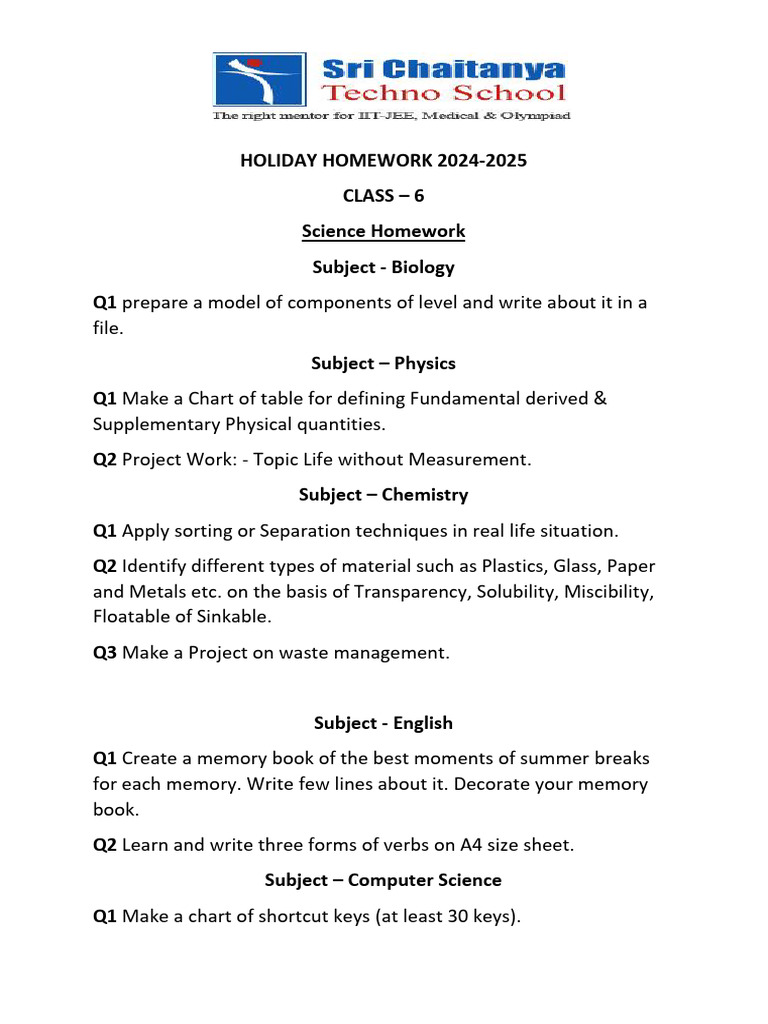 Holiday Homework 2024 | PDF