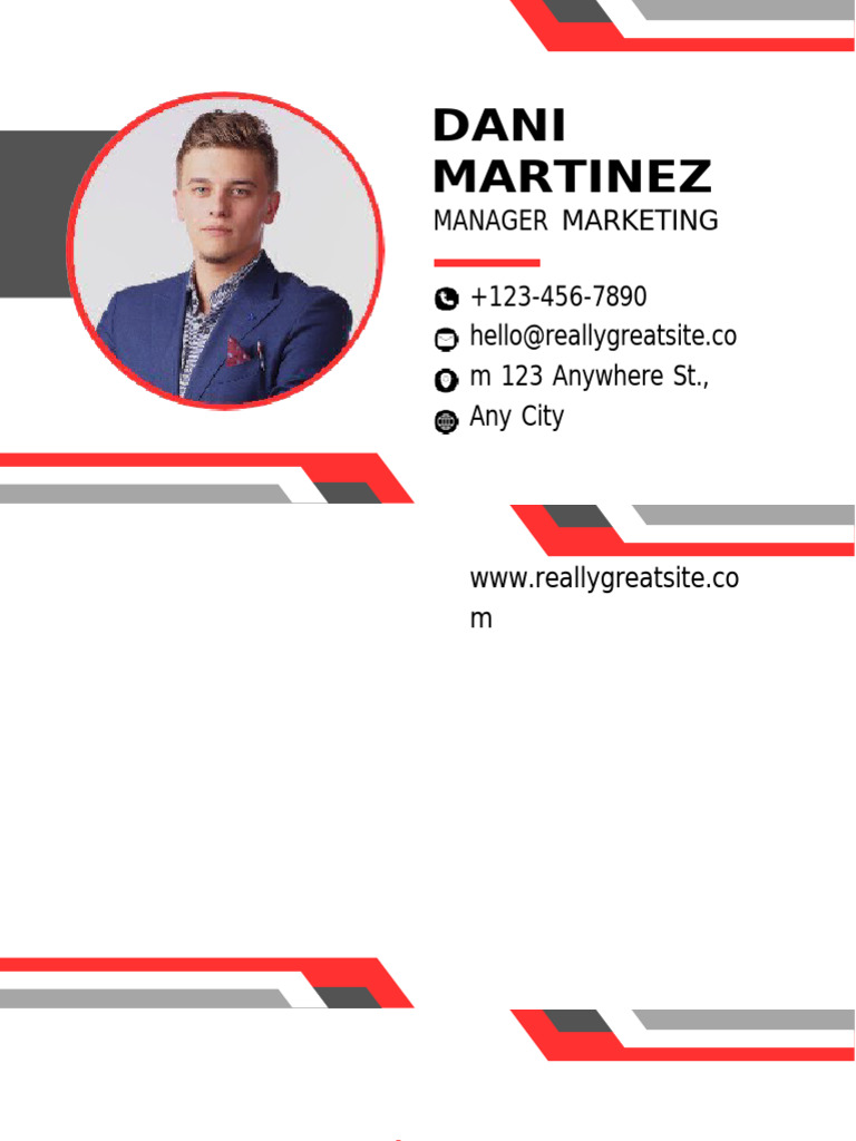 Dani Martinez: Manager Marketing +123-456-7890 Hello@reallygreatsite - Co M 123 Anywhere ST ...