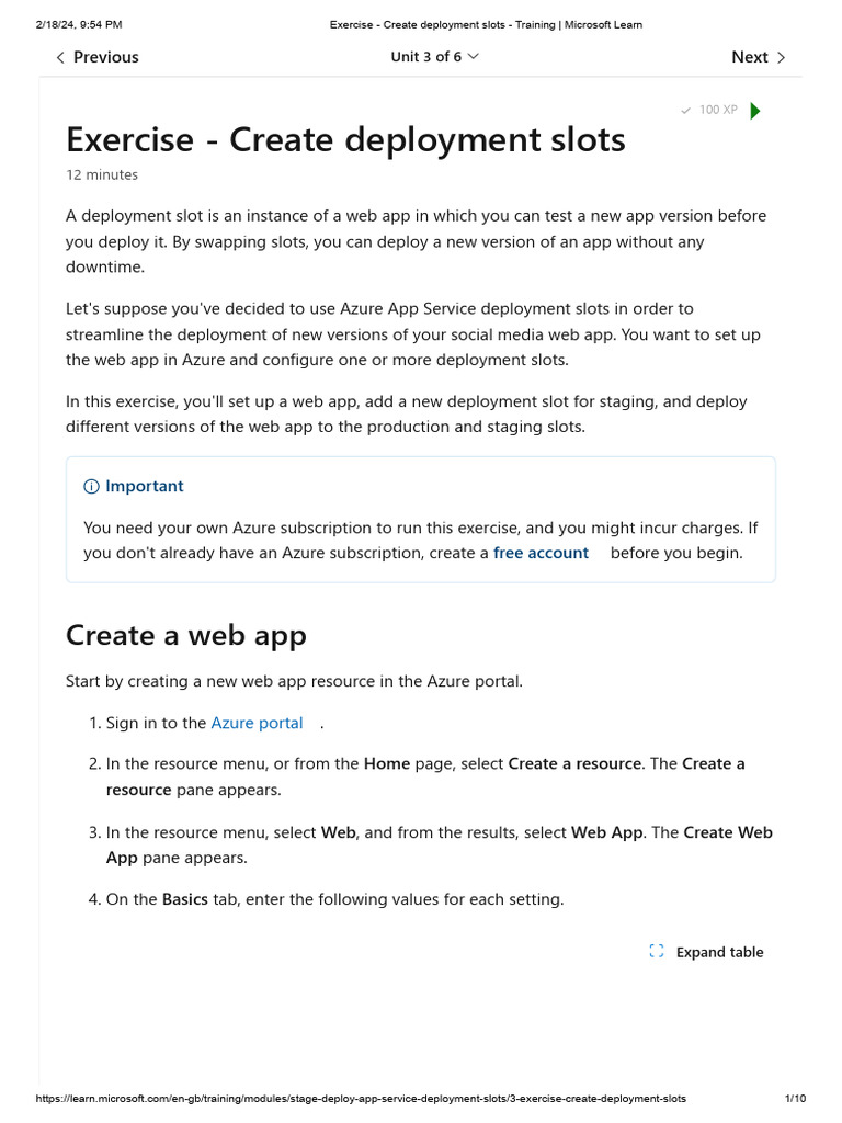 6. Exercise - Create deployment slots - Training _ Microsoft Learn | PDF 6. Exercise - Create deployment slots - Training _ Microsoft Learn | PDF
