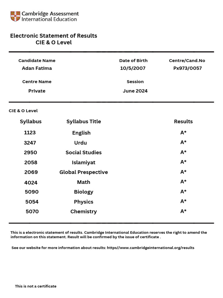 Electronic Statement of Results CIE & O Level | PDF