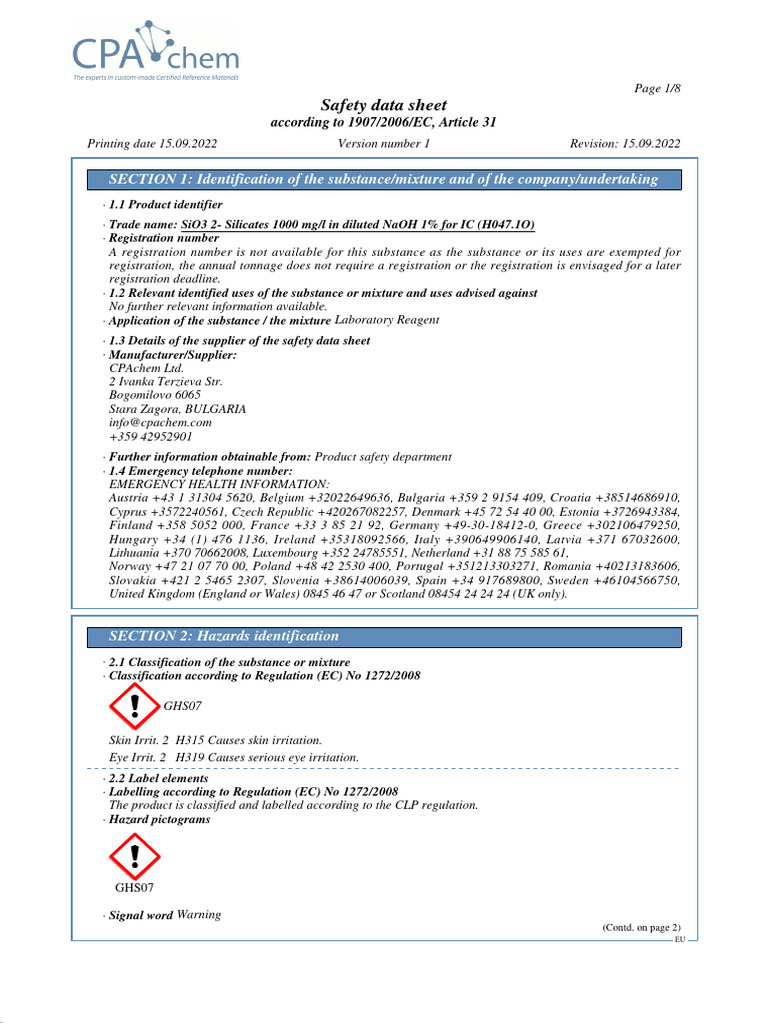 SD - SiO3 2 - Silicates 1000 MG L in Diluted NaOH 1% For IC (H047 1O ...