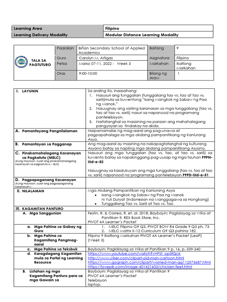 Artigas Filipino 9 Le Cot1 2021-2022 | PDF