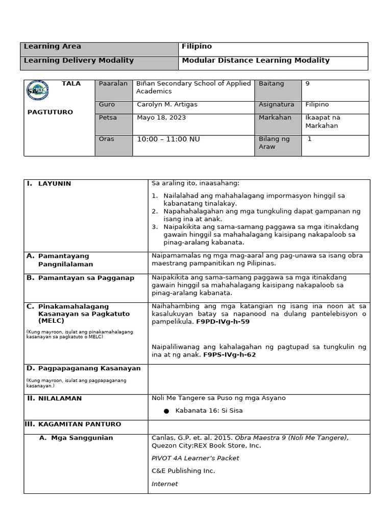 Artigas Filipino 9 Le Cot2 2022-2023 | PDF