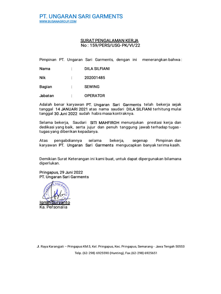 Paklaring Ungaran Sari Garment | PDF