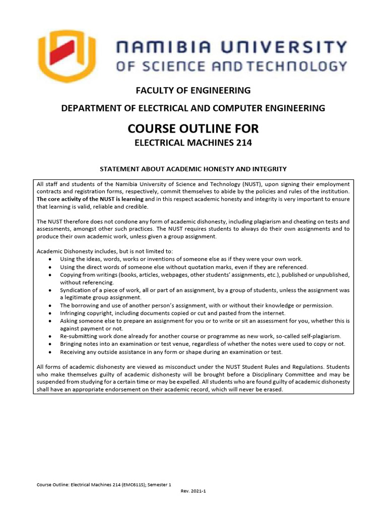 EMC611S Electrical Machines 214 Course Outline Semester-1 2021 2022 ...