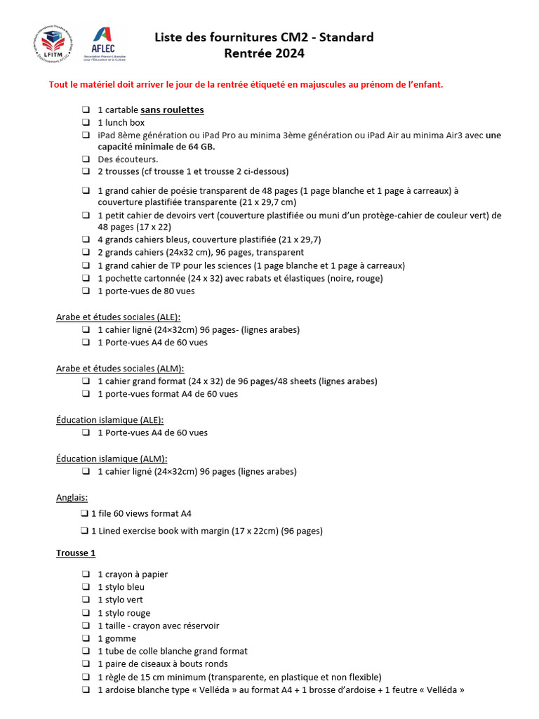 Liste Des Fournitures Scolaires CM2 Standard 24 25 | PDF