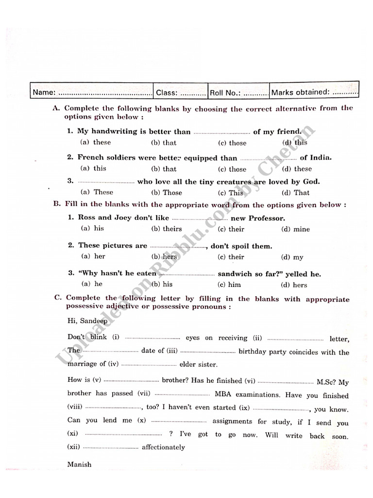 Exercises On Determiners For Cbse Class 8 English Grammar | PDF