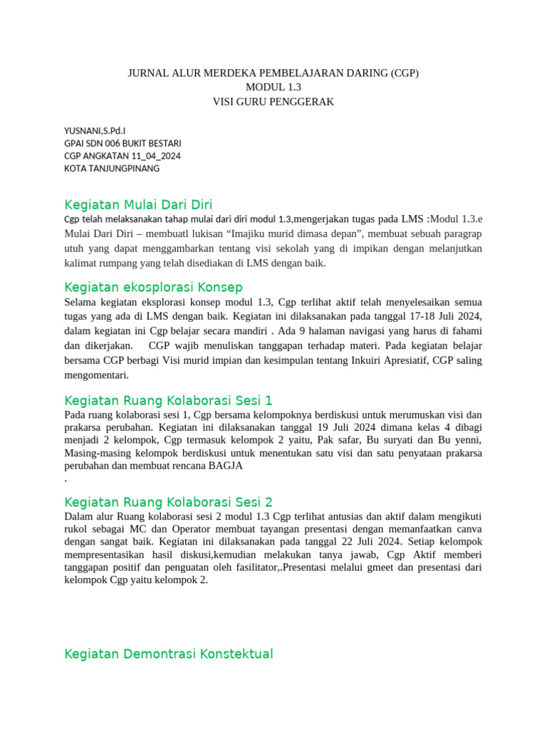 JURNAL ALUR MERDEKA PEMBELAJARAN DARING Modul 1.3 | PDF