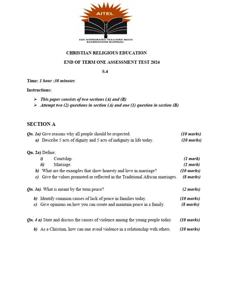 Section A: Christian Religious Education End of Term One Assessment ...