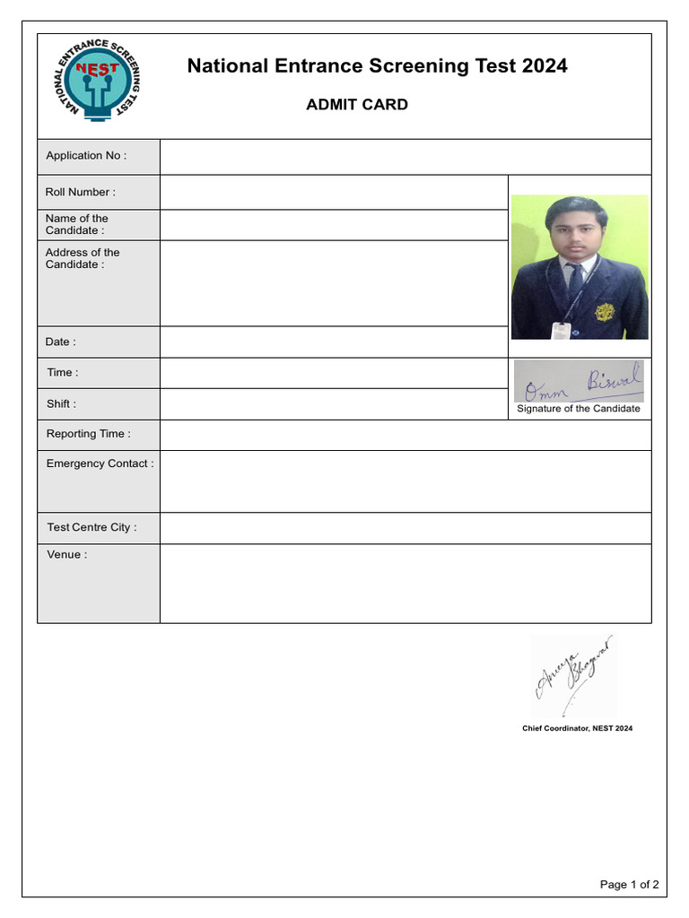 National Entrance Screening Test 2024: Admit Card | PDF