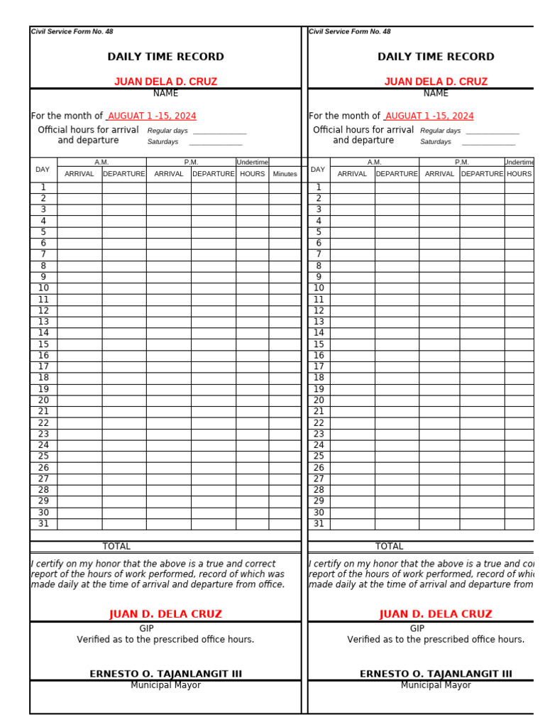 DTR Template 1 | PDF