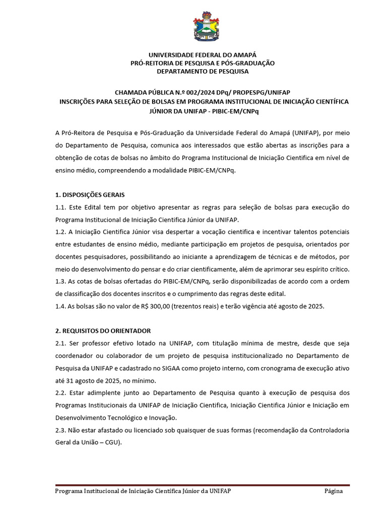 Chamada N.O 02 2024 DPQ Pibic em Unifap | PDF