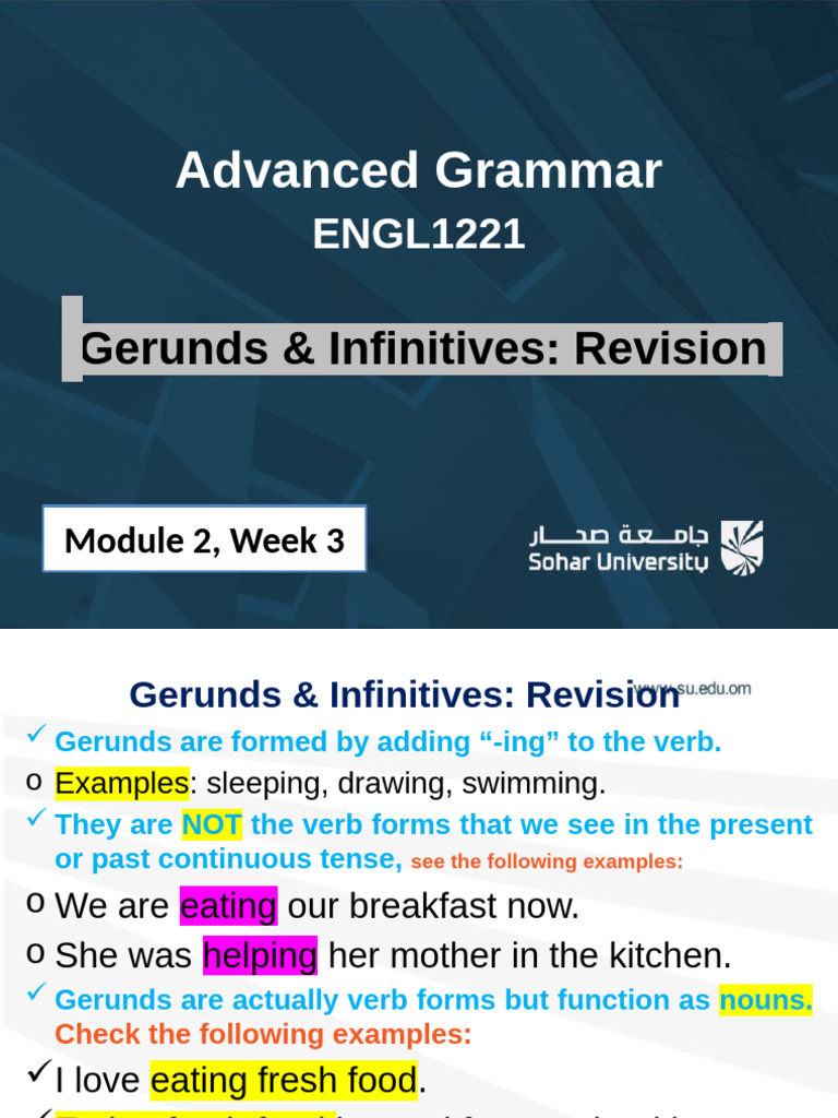 ENGL1221 Module 2, Week 3 - Gerunds - Infinitives, Revision, Key Material | PDF