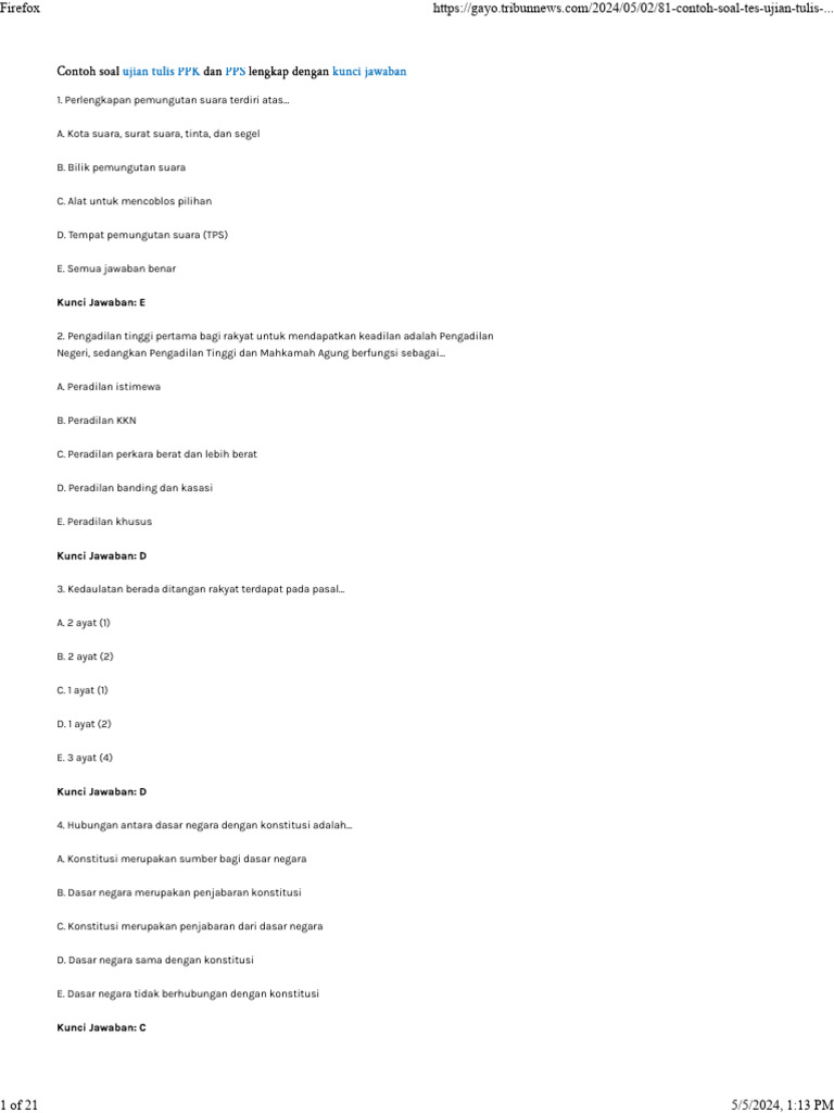 Contoh Soal Tes Ujian Tulis PPK dan PPS Pilkada 2024, | PDF