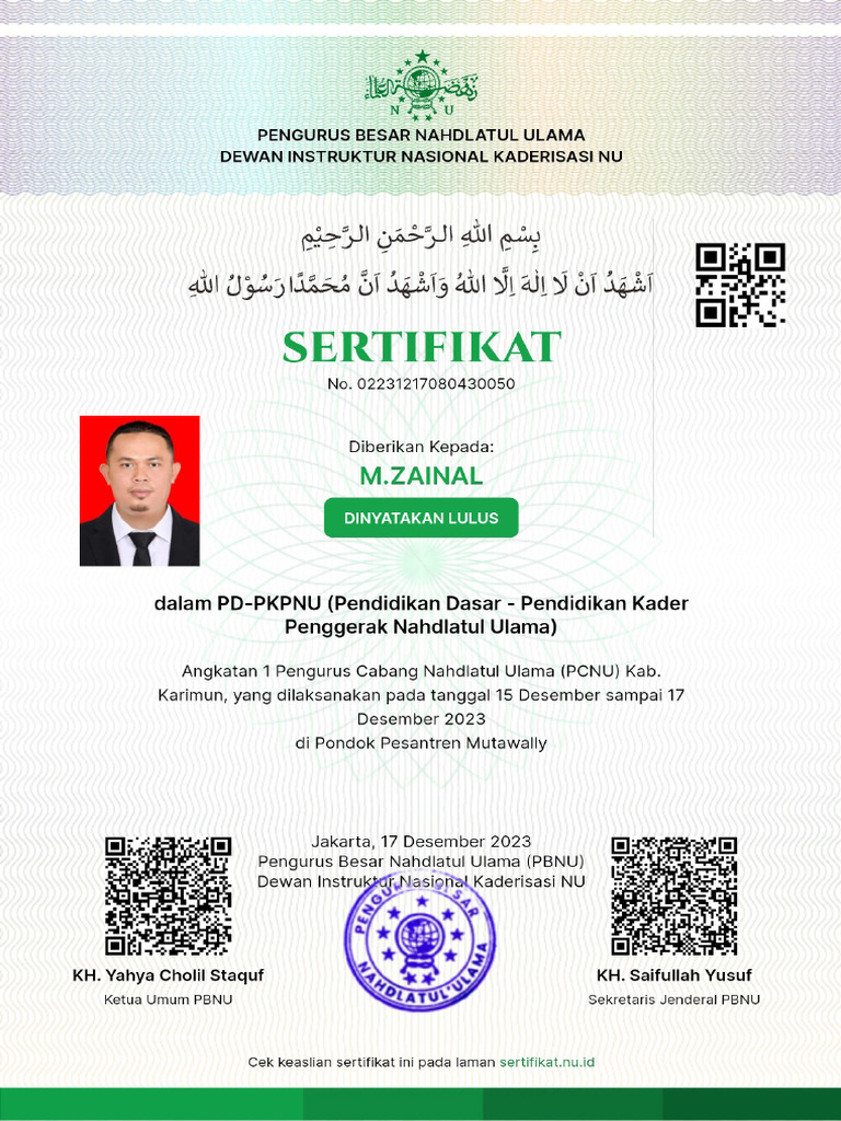 Sertifikat-PD PKPNU Mzainal | PDF