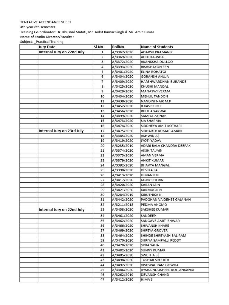 Internal Jury Dates List | PDF