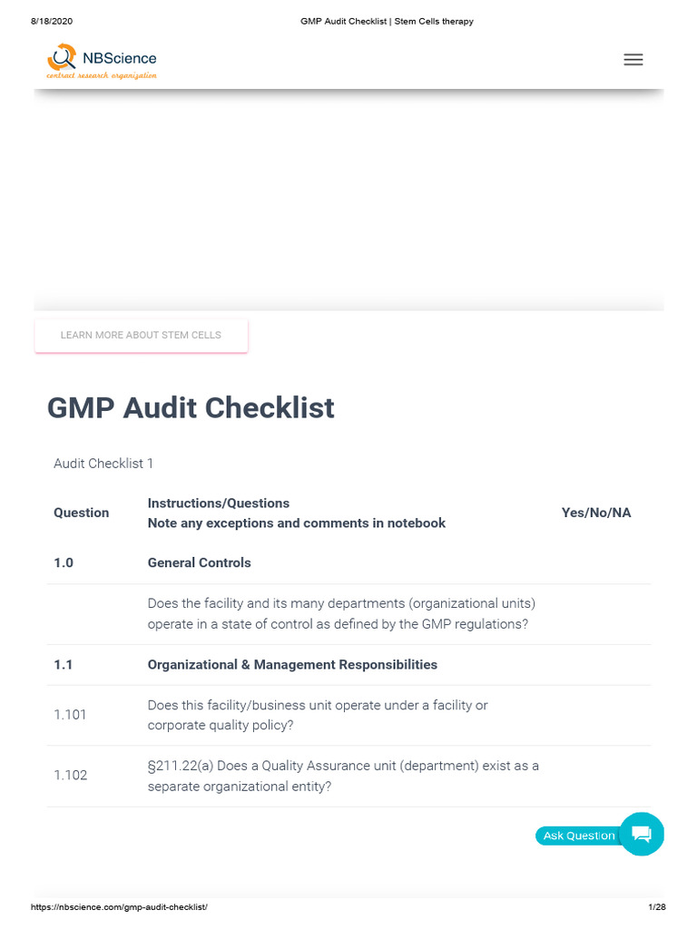 GMP Audit Checklist - Stem Cells Therapy | PDF
