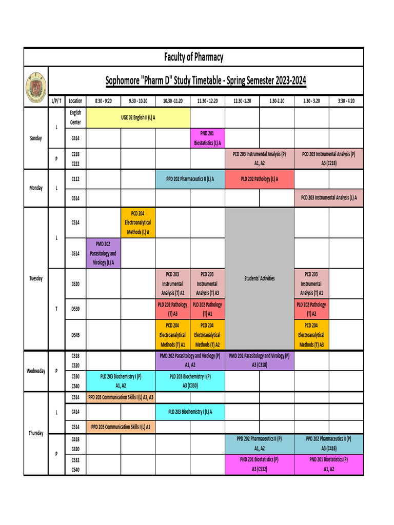 Sophomore Pharm D Timetable - Spring 2023-2024 | PDF