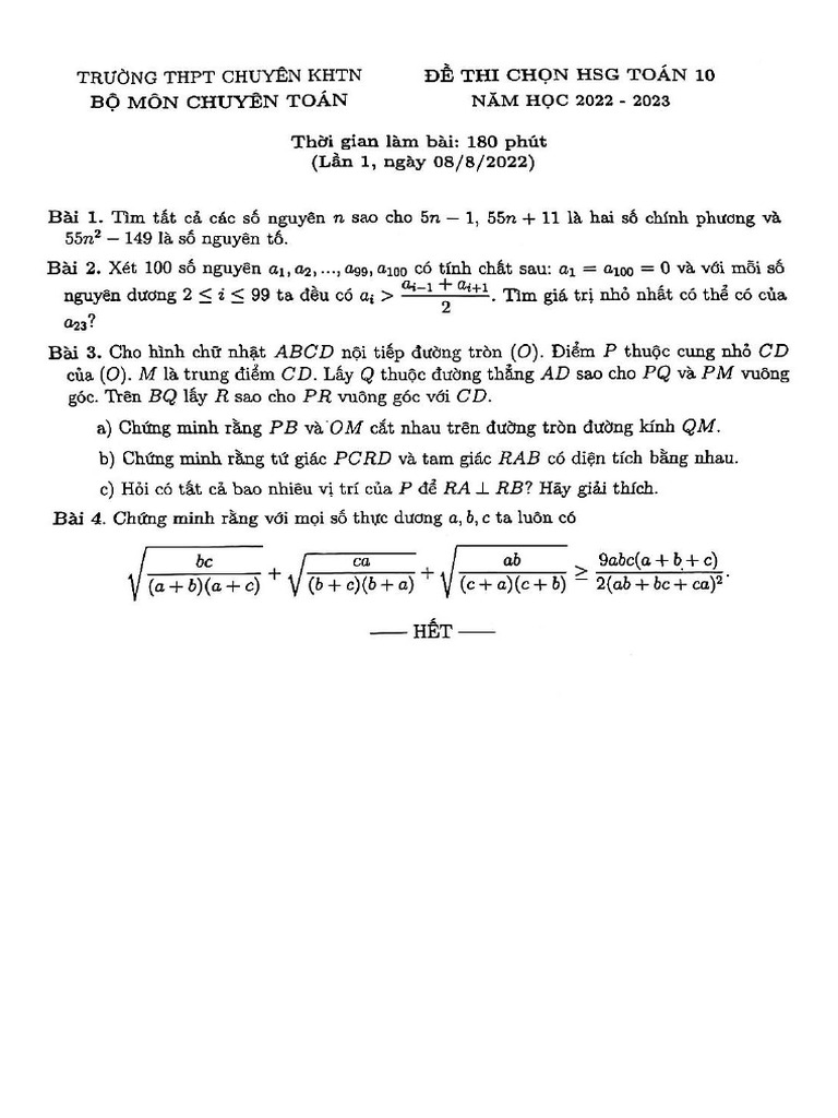 De Thi HSG Toan 10 Nam 2022 2023 Lan 1 Truong Chuyen KHTN Ha Noi | PDF