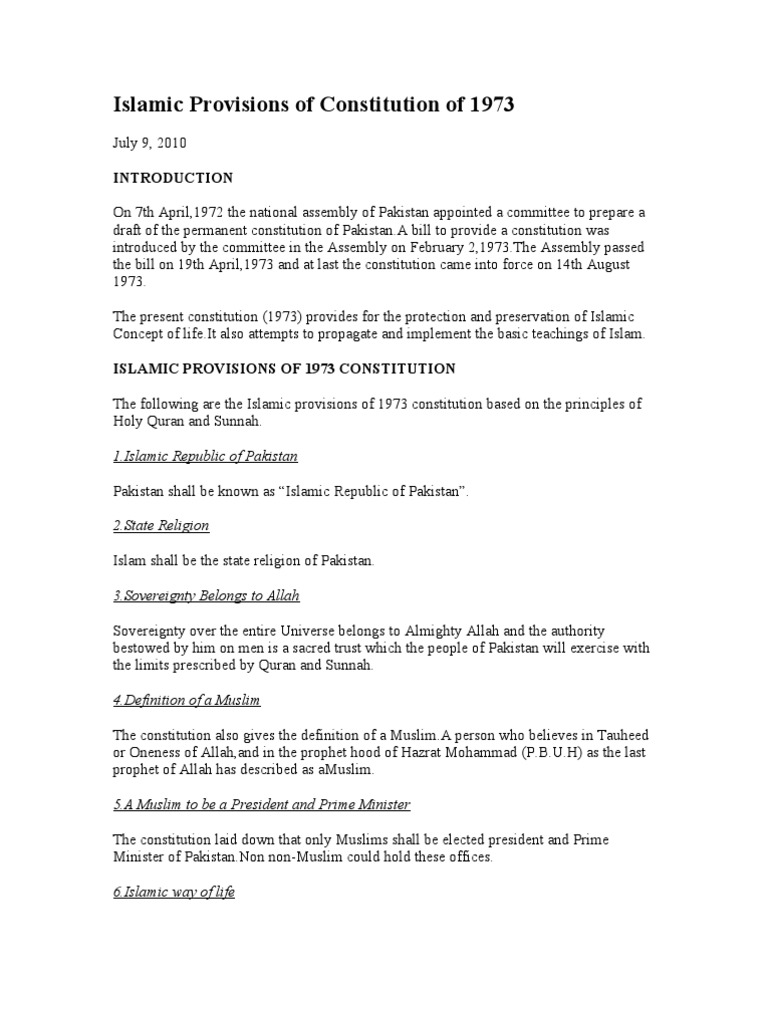 Islamic Provisions in Pakistan's 1973 Constitution | PDF | Oath Of ...