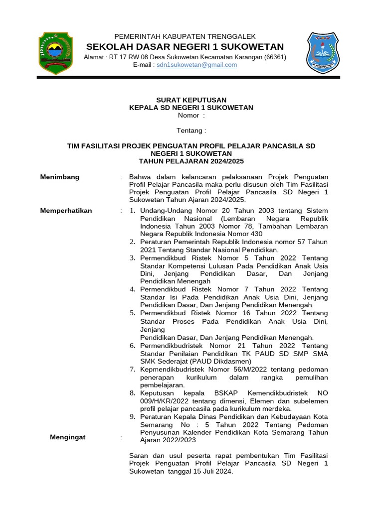SK Tim Fasilitasi Projek Profil Pelajar Pancasila P5 | PDF
