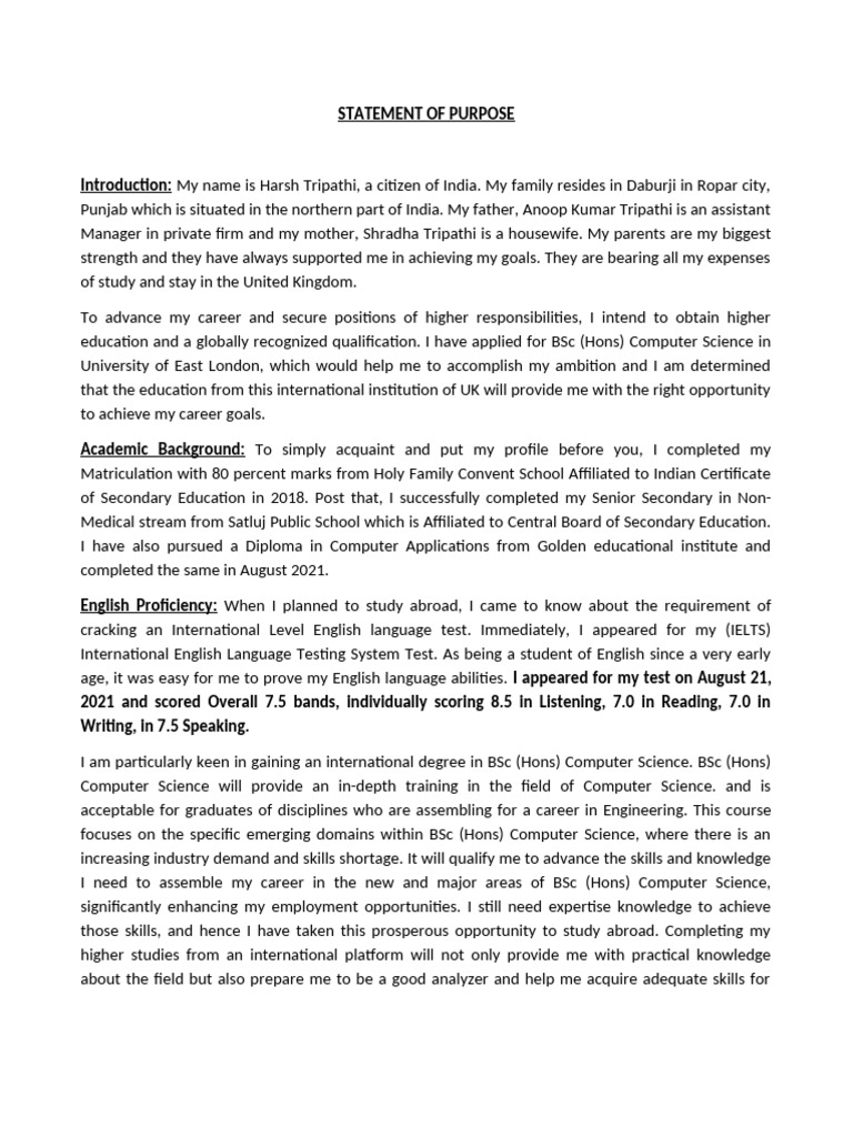 SOP - Harsh Tripathi - UEL - BSC (Hons) Computer Science - Fall 22 | PDF