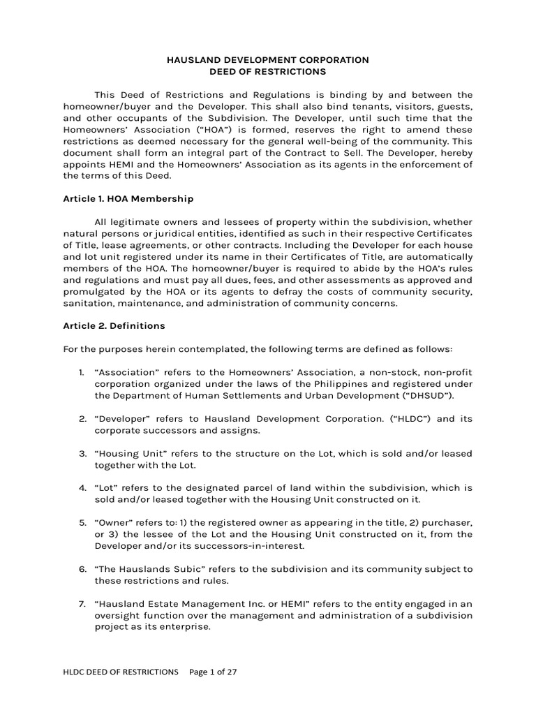 Hausland Development Corporation Deed of Restrictions | PDF