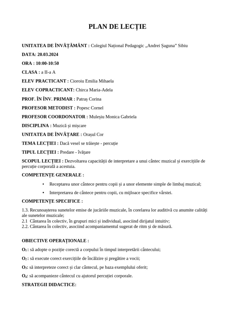 PLAN DE LECȚIE Muzica | PDF